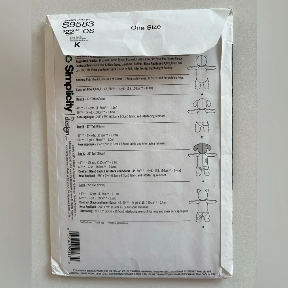 Simplicity | Other | New Uncut Simplicity By Design S9583 Stuffed ...